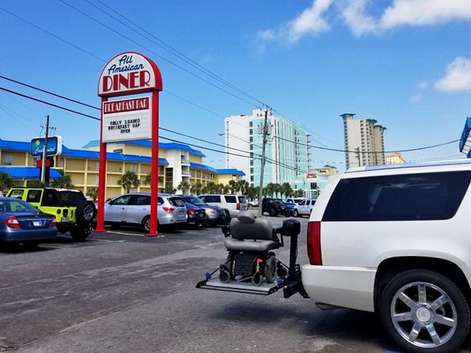 The iconic sign stands tall against Panama City Beach's skyline, a red and white lighthouse guiding hungry travelers to breakfast salvation.