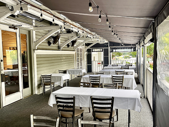 The covered patio extends the dining experience outdoors, perfect for Georgia's beautiful weather days.