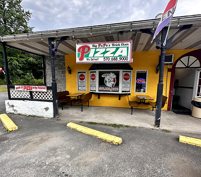 The sunny exterior reveals Big PaPa's true colors&mdash;a cheerful yellow building that stands out like a pizza paradise in the Poconos.