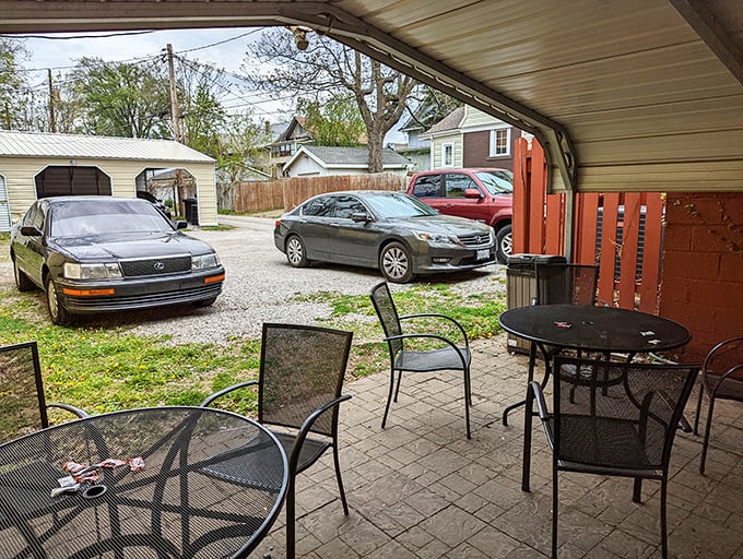 The back patio view offers a glimpse of the neighborhood that Kitty's has called home for generations.