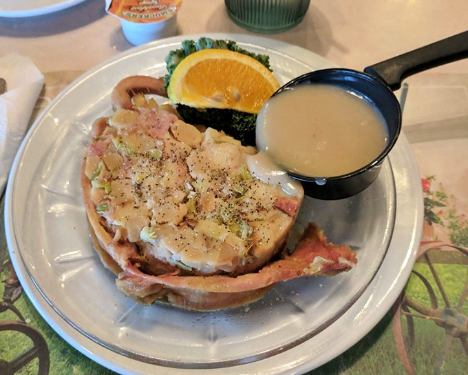 A hearty open-faced sandwich that doesn't mess around. This plate announces to the world that you've come to eat, not to play.