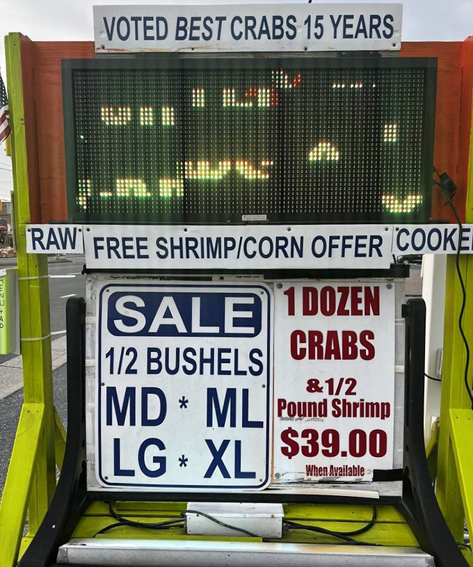"Voted Best Crabs 15 Years" isn't just a sign&mdash;it's a legacy. This electronic board announces daily specials with no-nonsense authority.