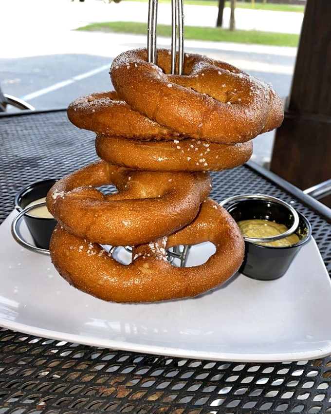 These pretzels have clearly been working out&mdash;stacked high, dusted with salt, and served with dipping sauces that make you wonder why plain pretzels even exist.