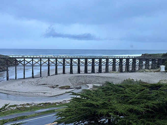 Pudding Creek Trestle stretches across the shoreline like a wooden centipede, transforming a former logging railway into today's most photogenic walking path.