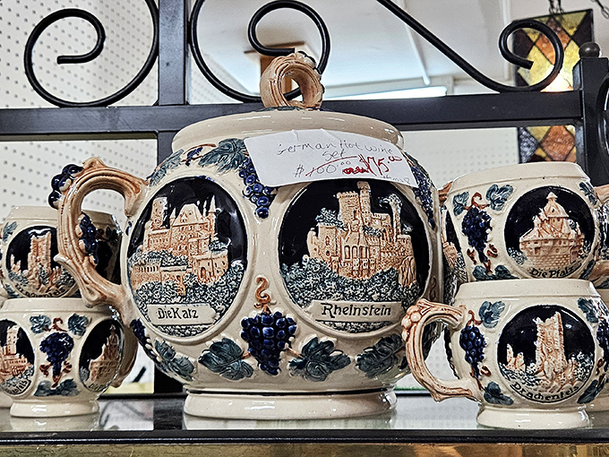 German beer steins with intricate castle scenes transport you to Bavarian celebrations of yesteryear. No passport required for this European journey.