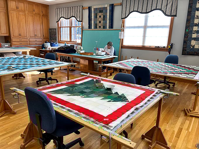 Behind the shopping floor, volunteers create stunning quilts—turning fabric scraps into heirloom-worthy art with every careful stitch.