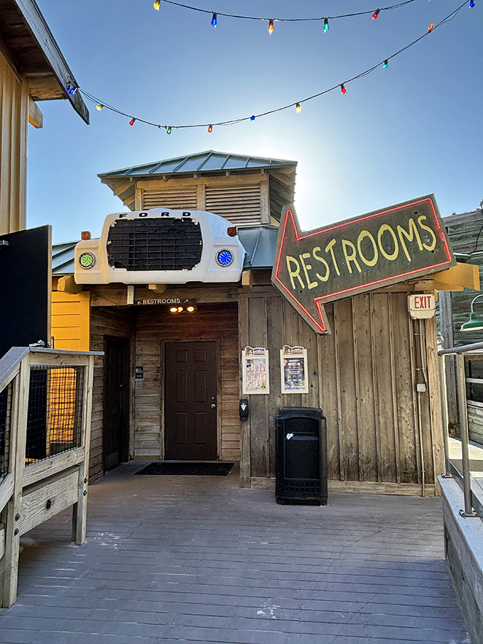 Even the path to the restrooms at Floyd's embraces whimsy &ndash; where else would a truck front serve as bathroom decor?