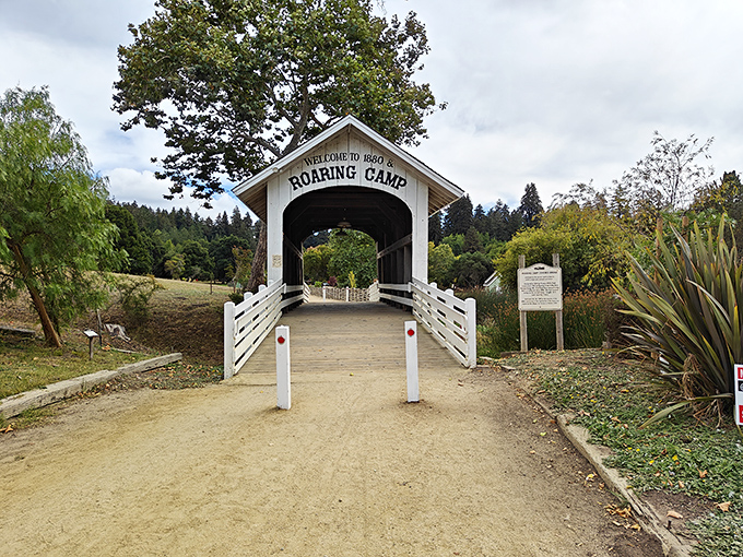 This covered bridge entrance to Roaring Camp feels like stepping into a storybook. Half expect to see Tom Sawyer fishing nearby.