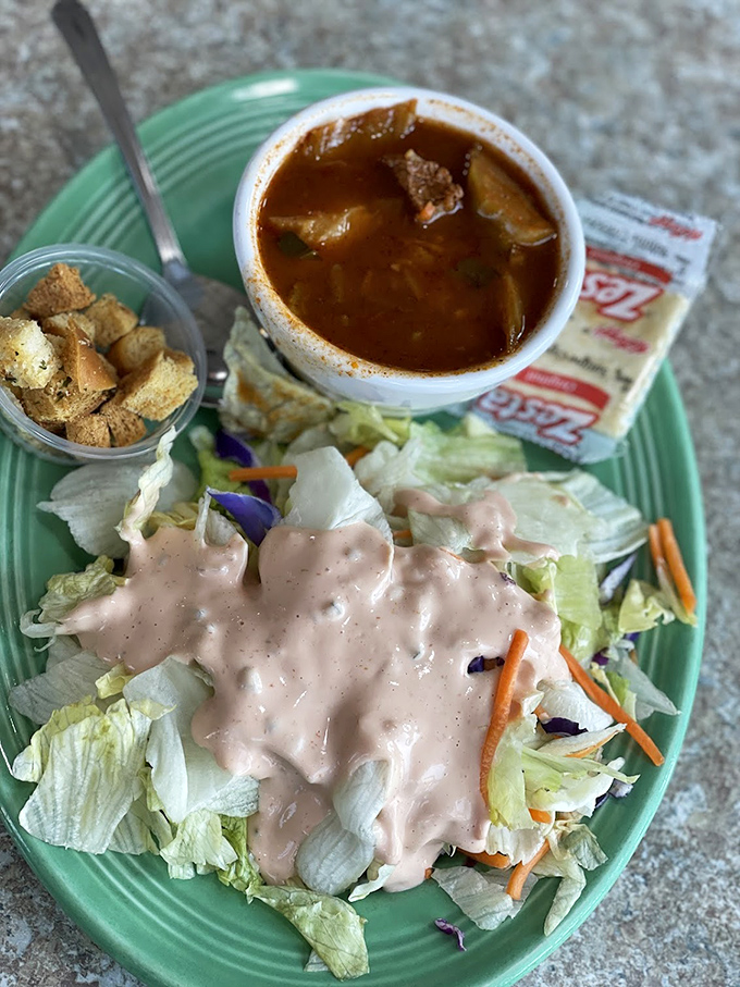 Even the salad looks like it's having more fun here, dressed generously and accompanied by soup that's clearly not an afterthought.