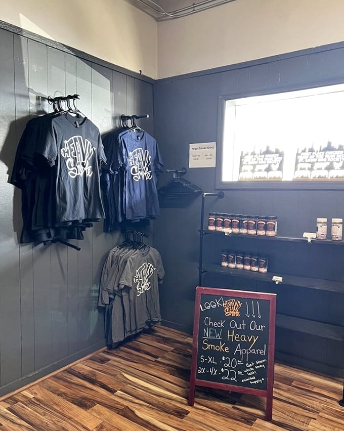 When your barbecue is this good, people want to wear your logo. The merchandise corner lets fans take home the brand, if not the actual brisket.