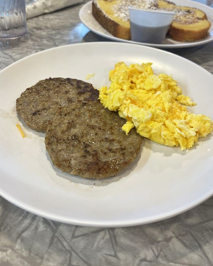 Sausage patties and scrambled eggs—the breakfast equivalent of a reliable friend who never lets you down and always shows up on time.