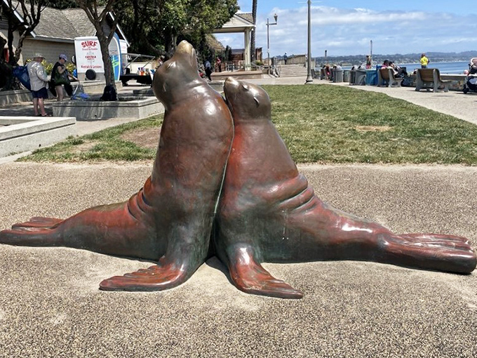 These bronze sea lions, forever frozen in a friendly embrace, have become an iconic meeting spot for generations of Capitola visitors.