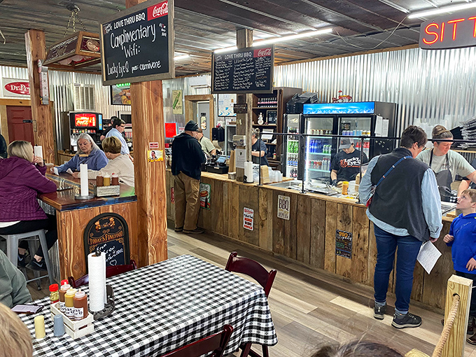Where decisions are made and appetites are satisfied. The sauce bottles stand ready &ndash; though this meat barely needs enhancement.