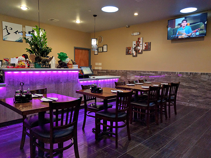 Purple lighting casts a dreamlike glow over empty tables that won't stay that way for long once word gets out about these dumplings.