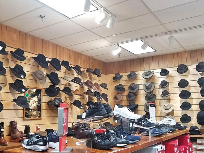 The hat wall! Where Amish tradition meets practical headwear in a display that spans generations of style.