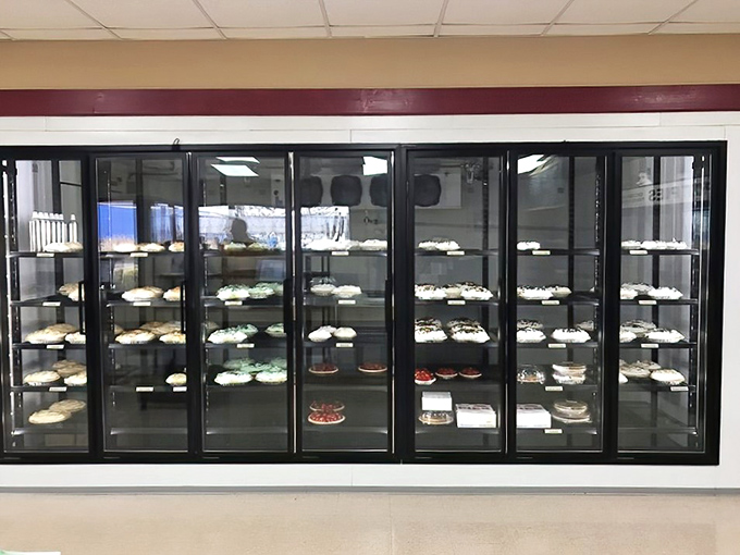 A wall of possibilities behind glass doors. Like a library where every selection ends with "happily ever after."