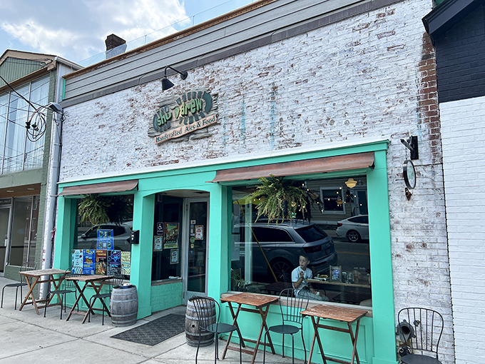 ShuBrew's weathered brick and mint-green trim invite you to linger at sidewalk tables where craft beer and conversation flow equally.