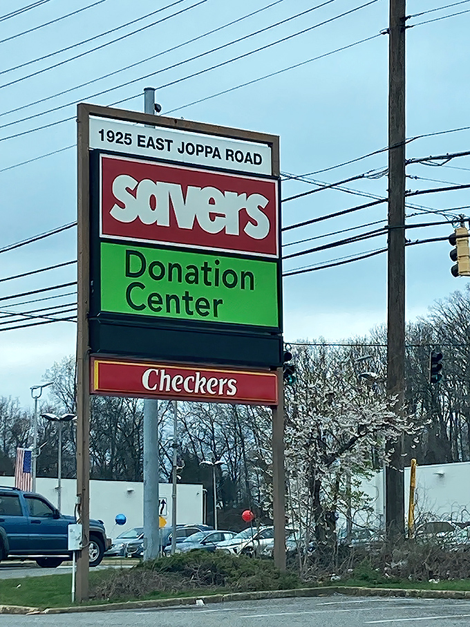 The roadside sign announces not just a store but a donation center &ndash; the circle of thrift life continues at 1925 East Joppa Road.