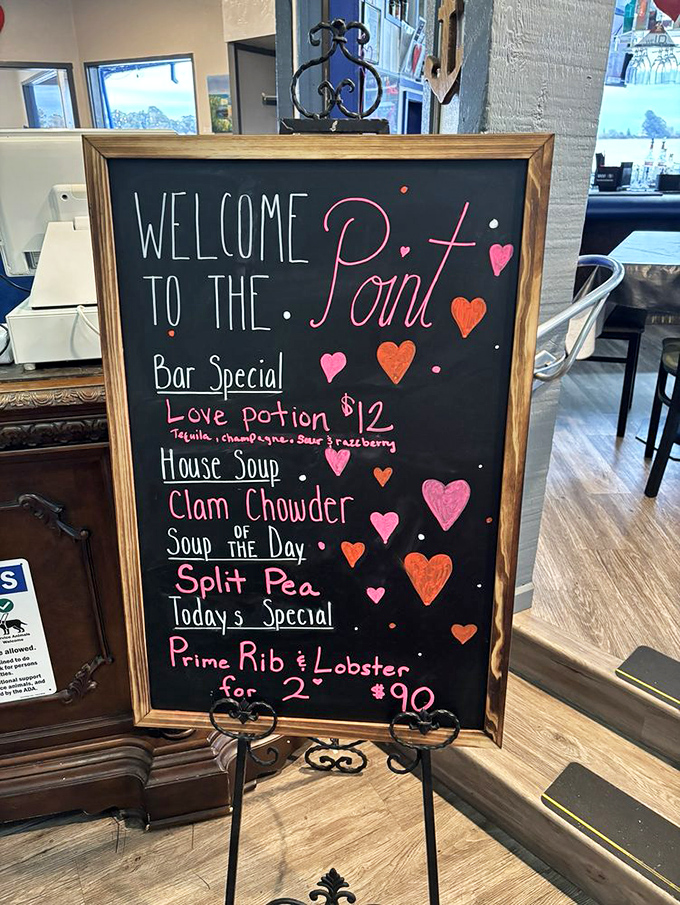 A chalkboard menu that proves some of life's best announcements still come handwritten, especially when they involve clam chowder and prime rib.