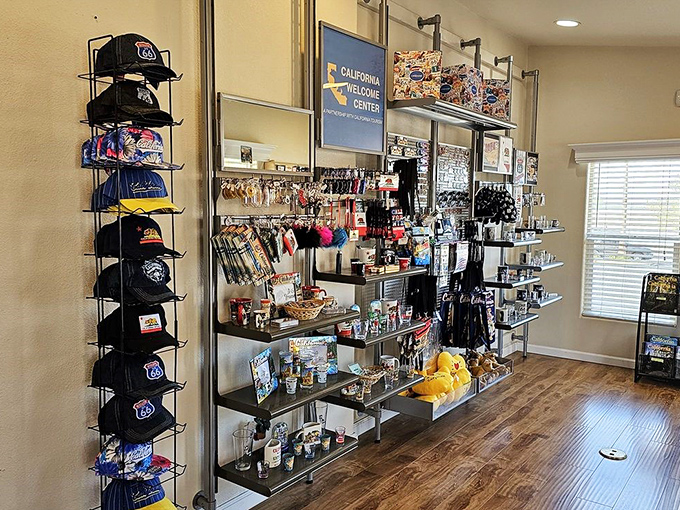 The California Welcome Center offers souvenirs that say "I survived the drive through the desert and all I got was this actually pretty cool stuff."