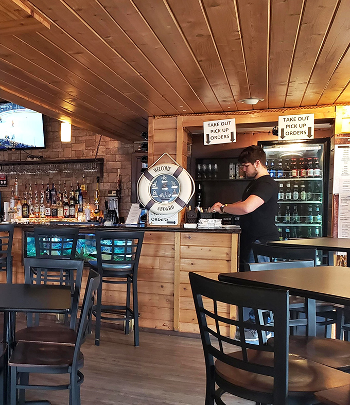 The takeout counter keeps the lake's bounty accessible even when you can't stay. That life preserver says it all: "Welcome Aboard!"