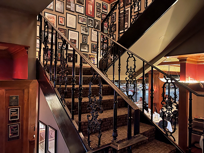 A staircase lined with memories and mementos. Each step takes you deeper into Mo's storied history of serving Milwaukee's finest steaks.
