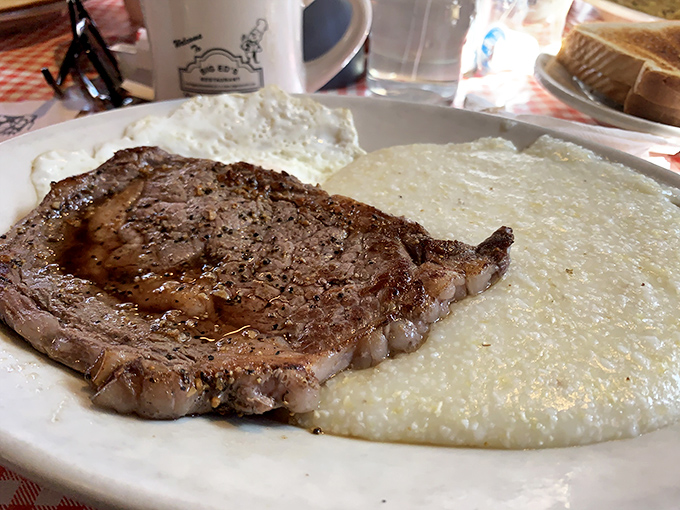 A steak that means business alongside creamy grits that could convert even the most dedicated Northerner to Southern cuisine.
