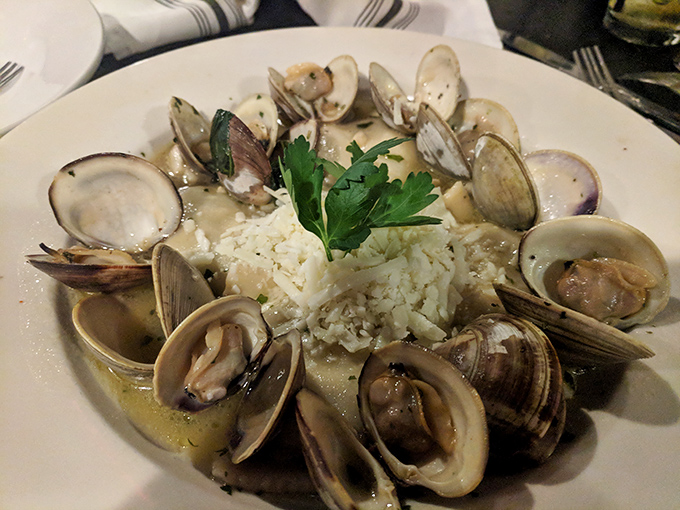 Steamed clams nestled around a throne of rice, opening up to reveal their treasures like tiny ocean jewelry boxes.