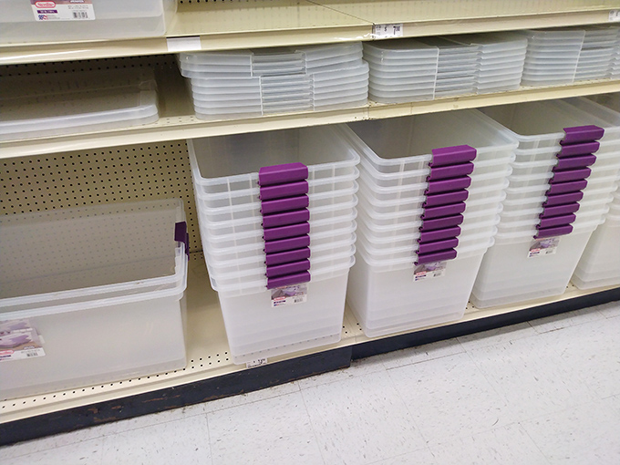 Storage containers with purple handles &ndash; because even your seasonal decorations and basement overflow deserve homes that spark just a little bit of joy.