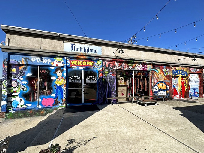 Under clear blue California skies, Thriftyland101's exterior art serves as a vibrant beacon for bargain hunters and collectors alike.