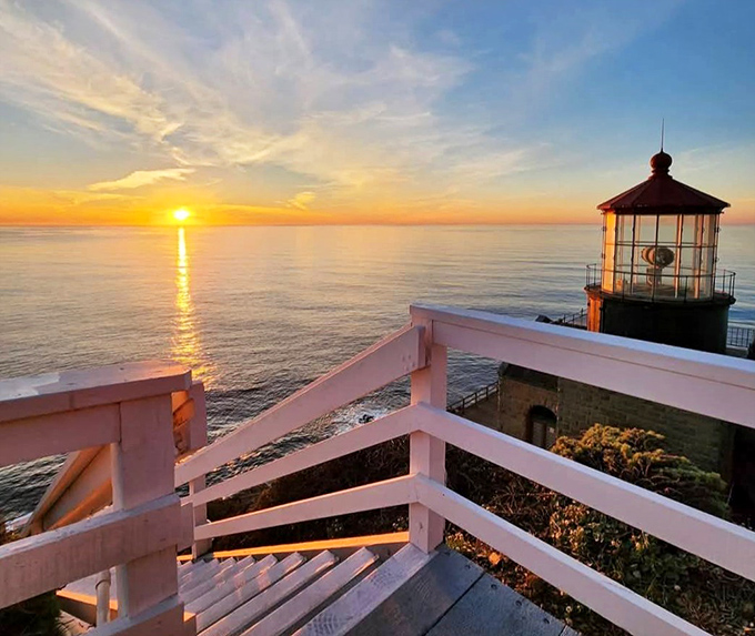 Sunset from the lighthouse deck offers the kind of view that makes people spontaneously propose marriage or contemplate career changes.