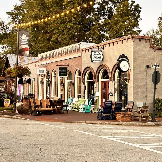 Evening ambiance transforms downtown streets into magical spaces where string lights create romance and possibility.