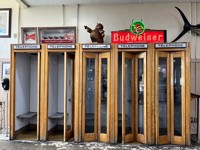 Phone booths! Kids, ask your parents what these mysterious wooden boxes were used for.