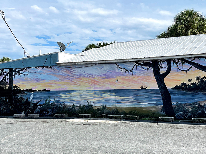 This seaside mural captures Cedar Key's soul&mdash;where every sunset feels like it was painted just for you.