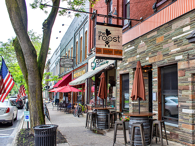 The Roost's outdoor barrel tables create that perfect casual vibe where afternoon drinks accidentally become evening conversations about life's big questions.