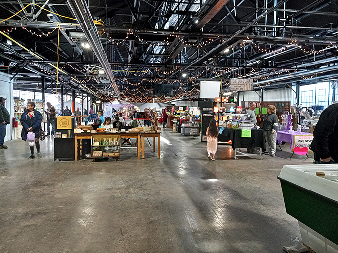 Titan Market's industrial-chic interior hosts vendors under string lights. The perfect blend of history and hipster that somehow works for everyone.