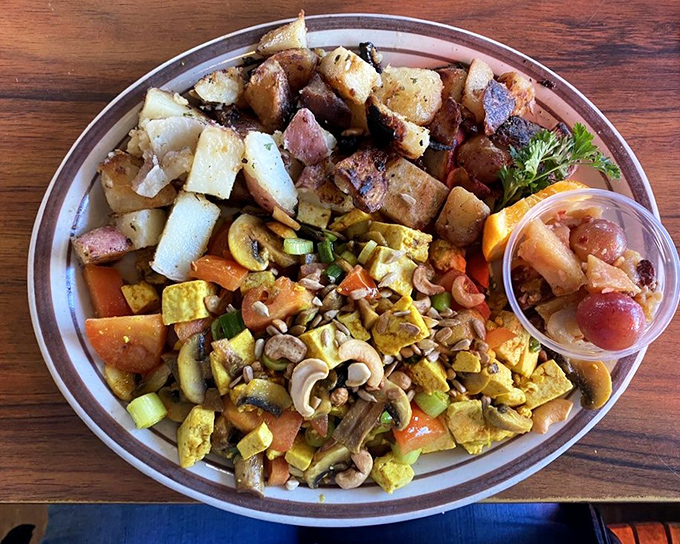 The tofu curry special proves vegetarian breakfast doesn't mean settling for less. A symphony of textures and colors.