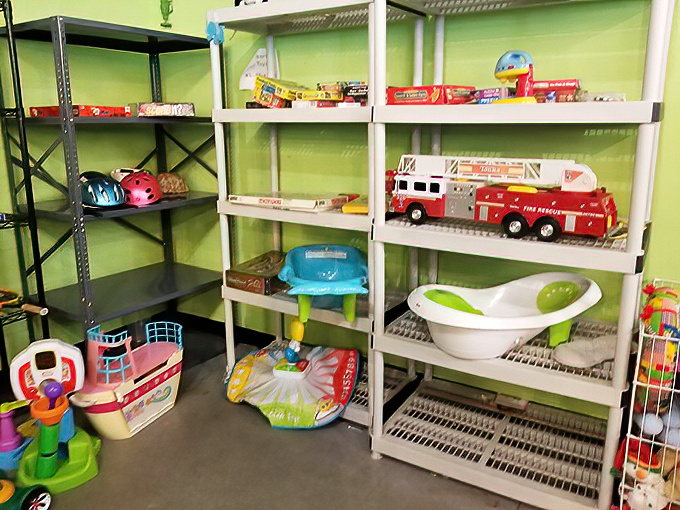 Childhood nostalgia fills these shelves! From baby bathtubs to fire trucks, the toy section reconnects adults with youth while equipping new generations.