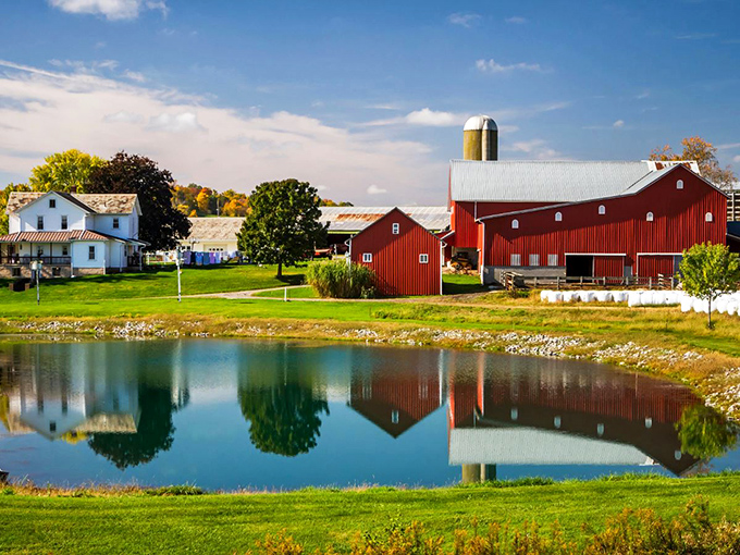 This postcard-perfect farm scene reflects in the pond like nature's way of giving you a second helping of beauty.