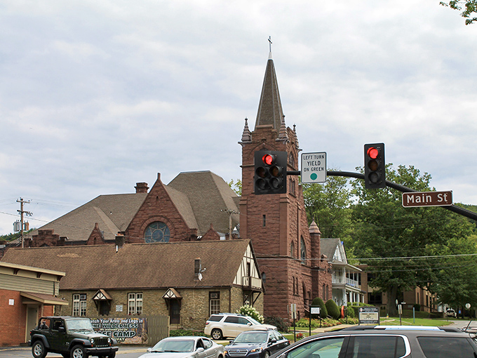 Trinity Methodist's spire reaches skyward, a Gothic exclamation point punctuating the town's architectural sentence.