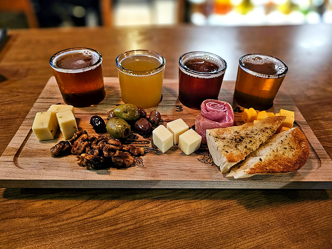The beer flight board isn't just a tasting&mdash;it's a journey across flavor profiles, with cheese and charcuterie companions that make every sip an adventure.