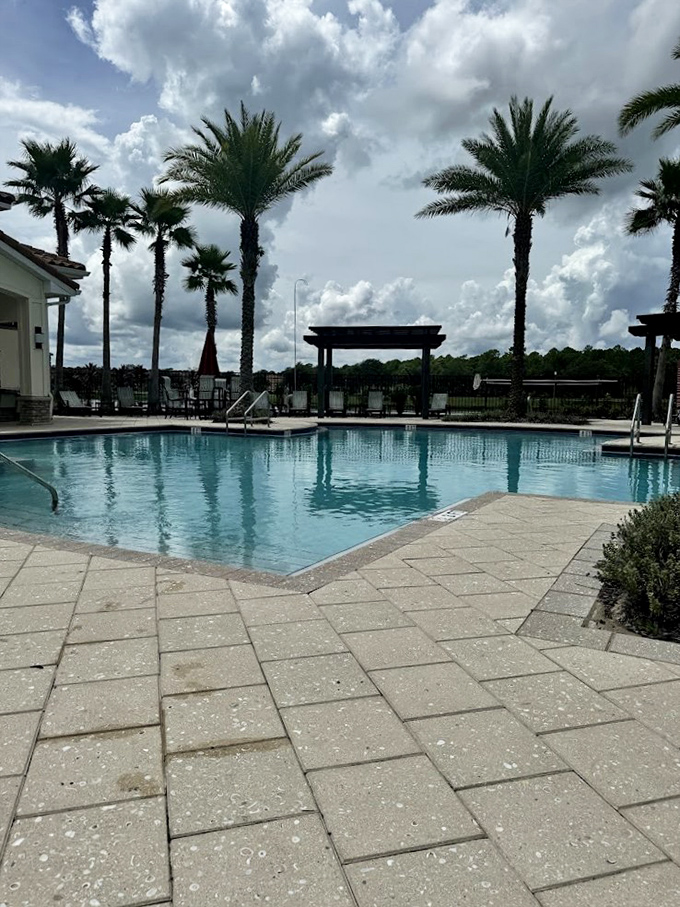 The community pool stands ready for aquatic adventures, surrounded by palm trees standing at attention like poolside butlers.