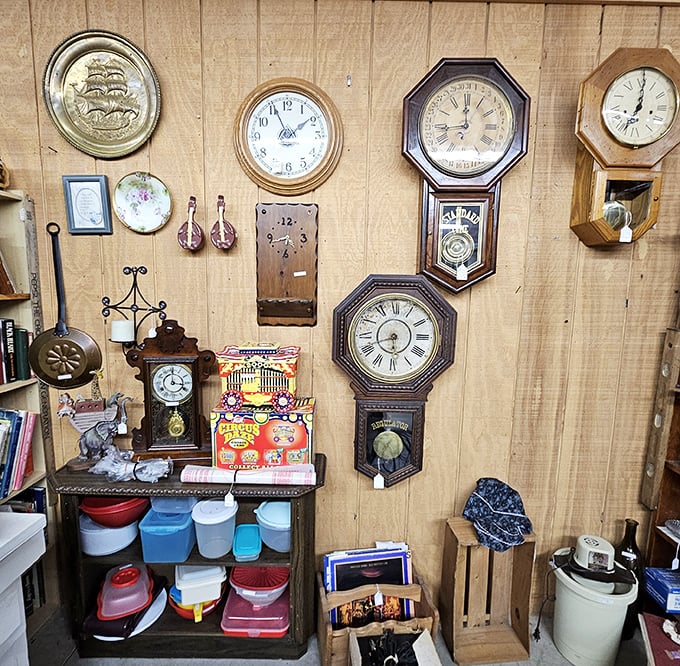 A wall where time literally stands still, each clock face frozen at the moment someone decided to preserve it.