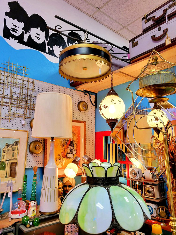 Mid-century lamps cast their glow on a Beatles silhouette. The 60s and 70s never really left&mdash;they just moved to this corner.