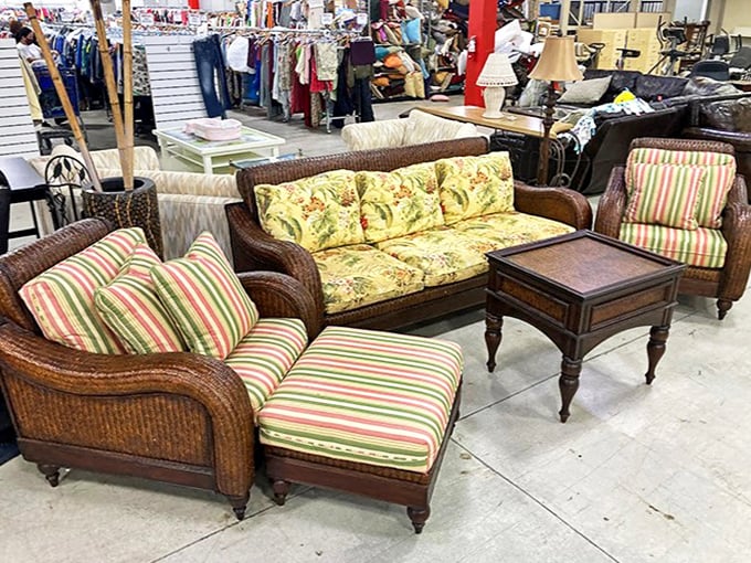 Wicker furniture set that screams "Florida sunroom." Those tropical cushions have retirement written all over them.