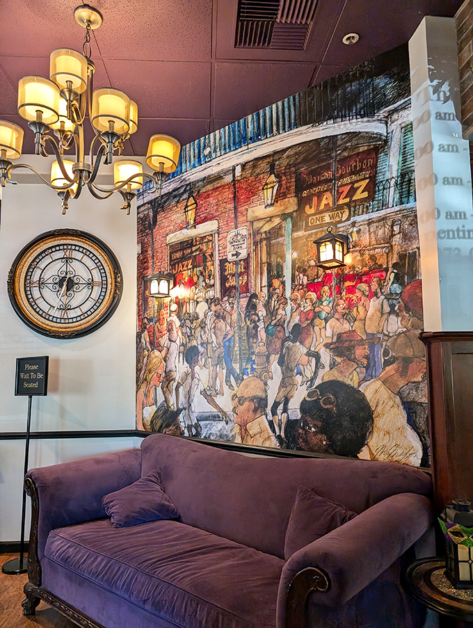 That mural and purple velvet couch aren't just decor&mdash;they're a time machine to Bourbon Street's golden era.