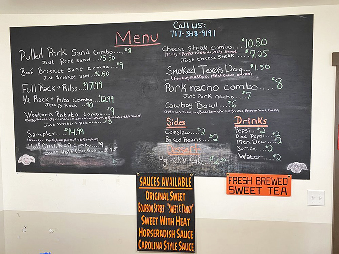 The chalkboard menu: barbecue's version of a love letter, written in the universal language of smoked meats and sides.