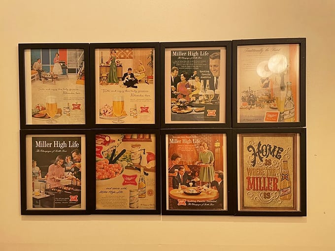 Vintage Miller beer advertisements line the wall, creating a nostalgic backdrop that cleverly plays on the restaurant's name while adding retro charm.