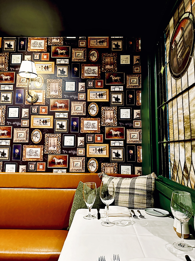 This gallery wall of equestrian art creates a clubby, sophisticated vibe that pairs perfectly with a medium-rare steak and glass of cabernet.