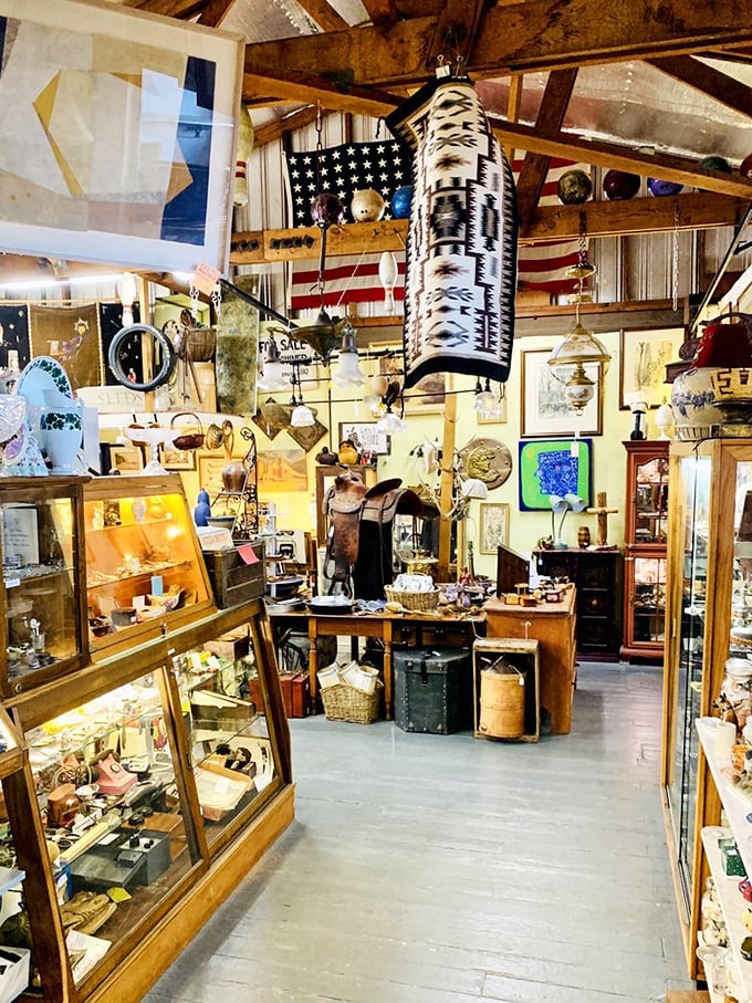 An American flag hangs above a western saddle&mdash;this corner feels like the set of a John Wayne movie waiting for its leading man.